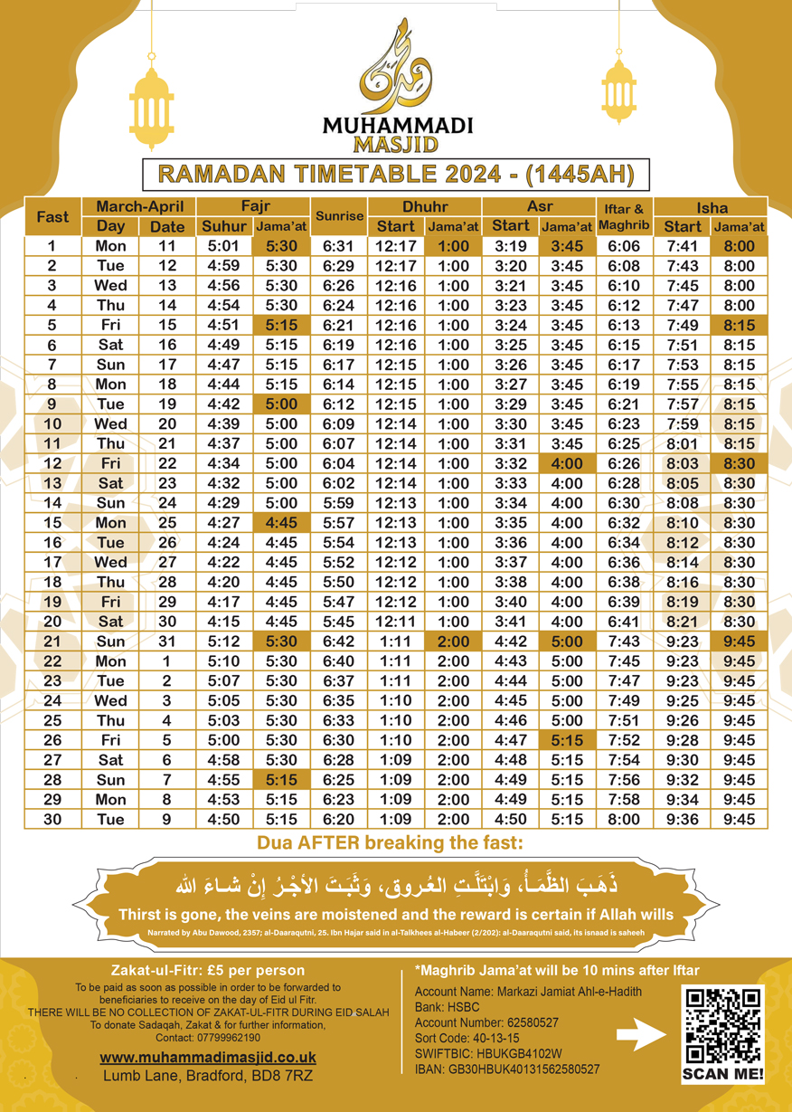 Ramadan Timing – Muhammadi Masjid